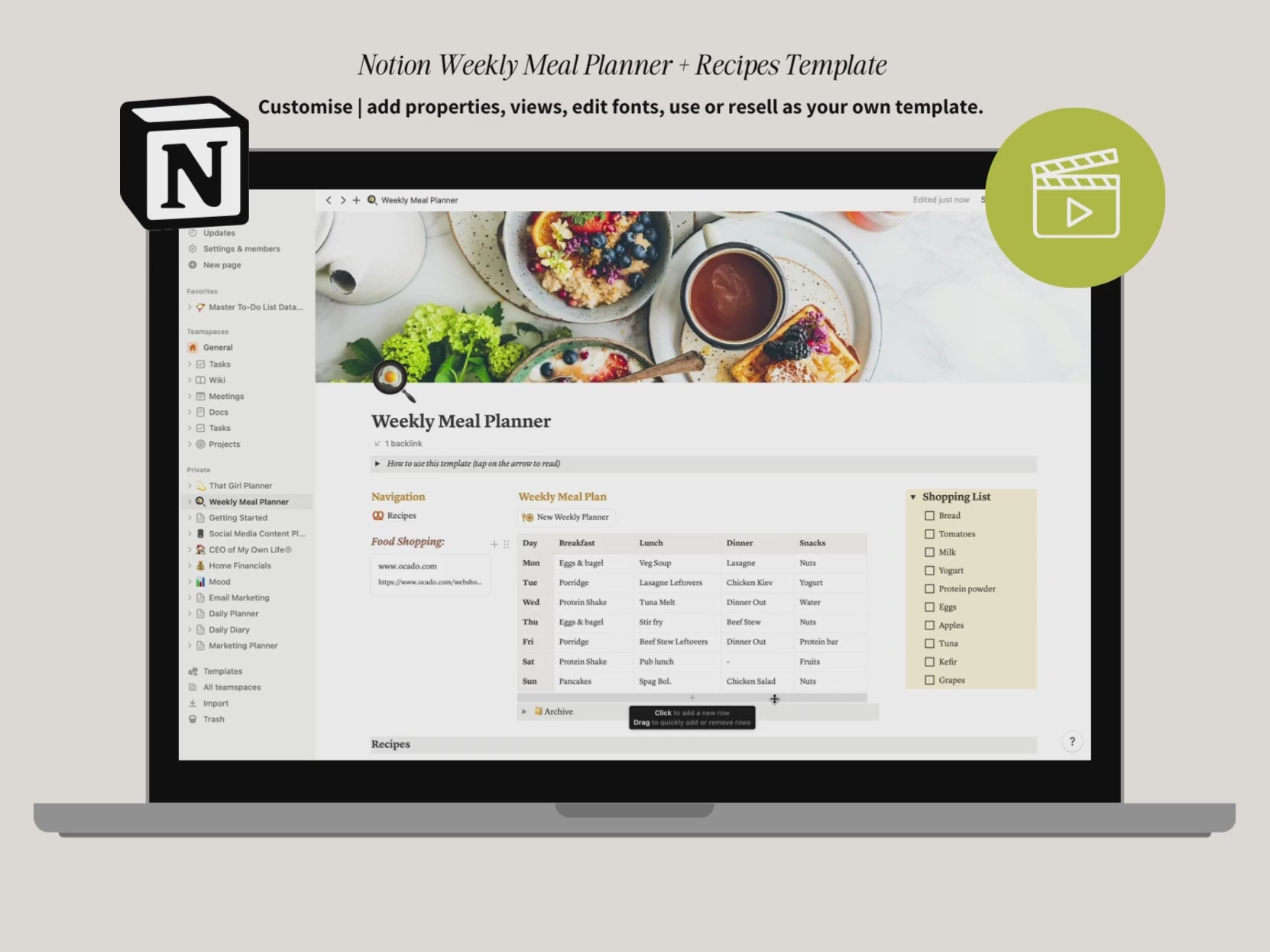 Notion Weekly Meal Planner & Recipes Template + PRL | ellaiconic®